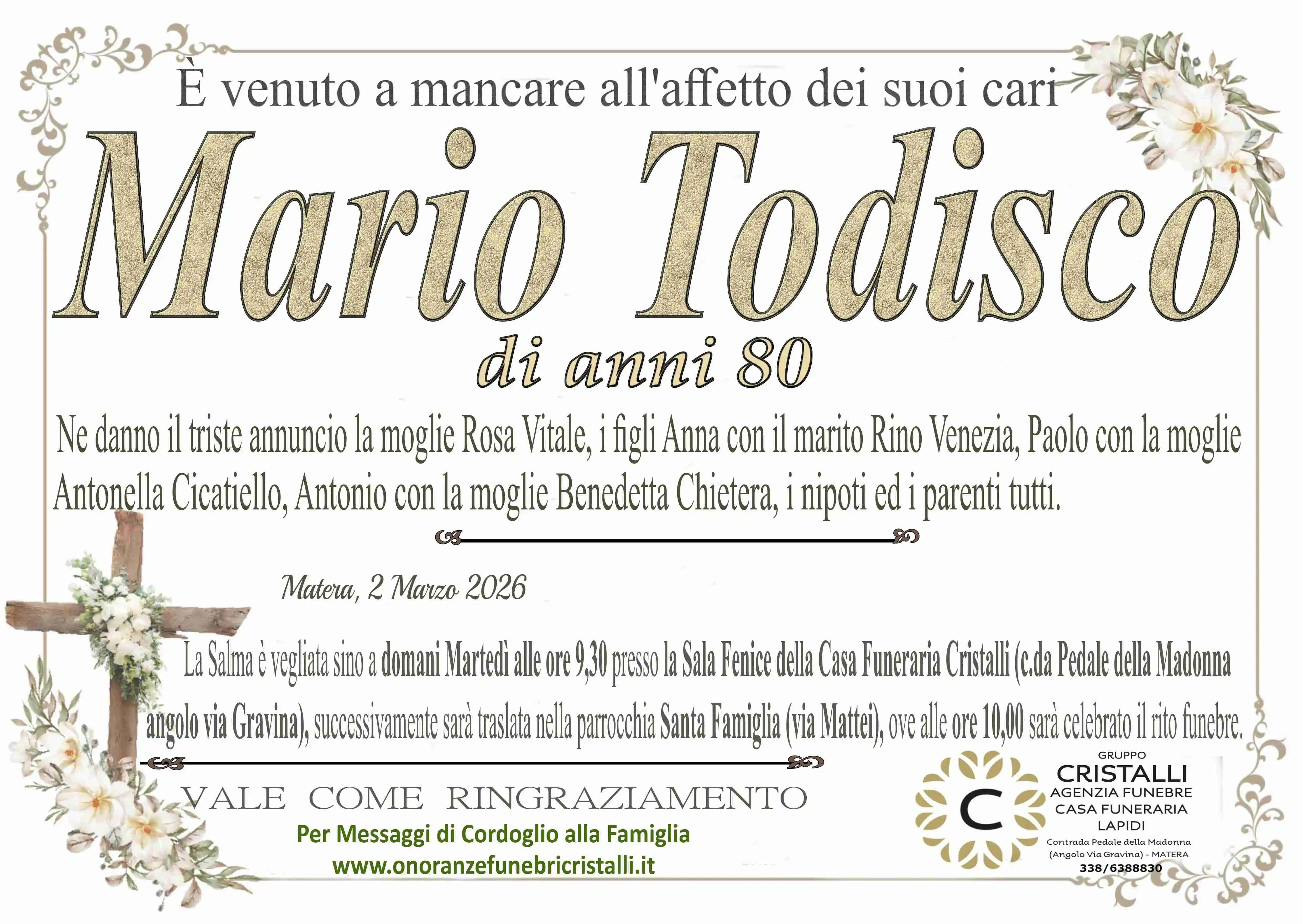 Funerali e annunci funebri a Matera | Mario Todisco - Funer24