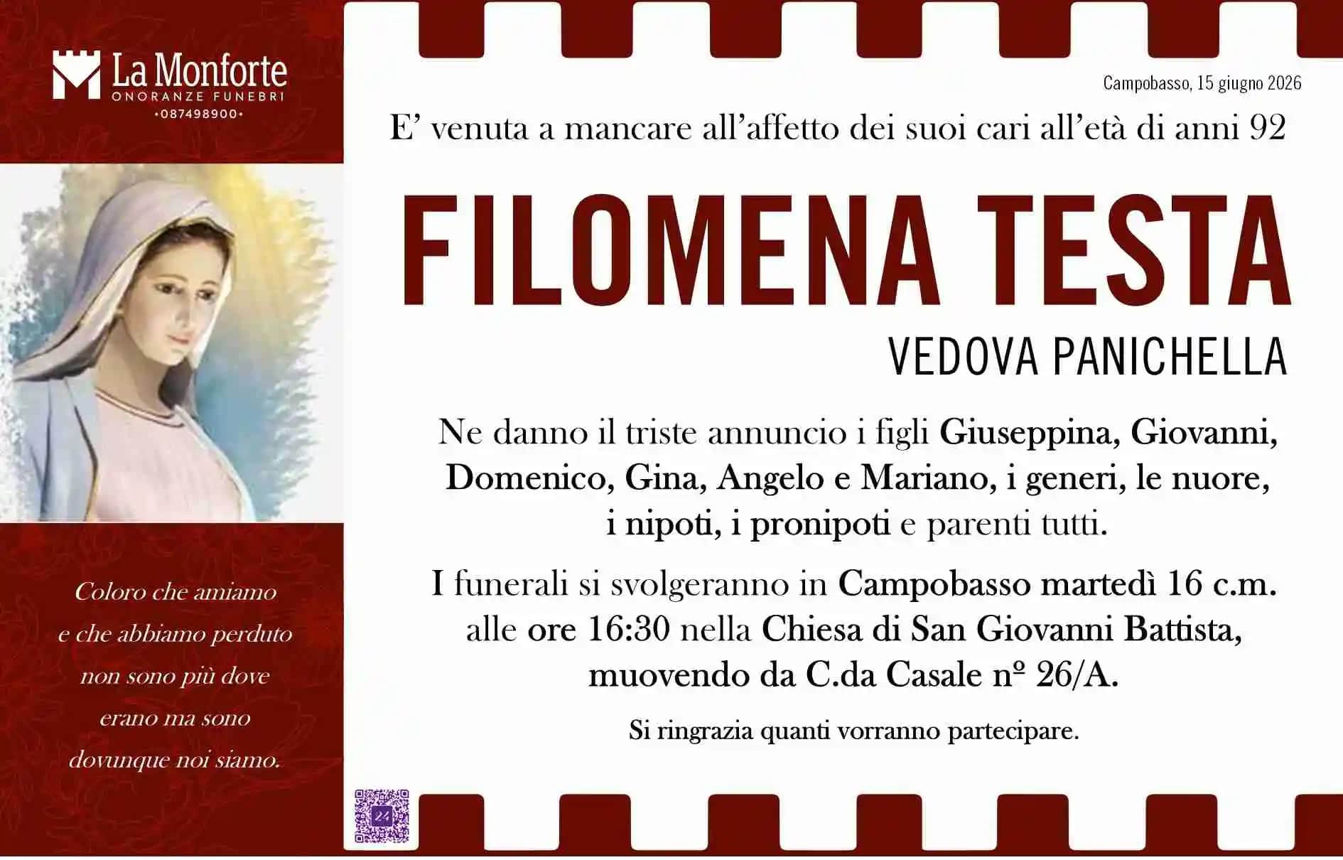 Funerali e annunci funebri a Campobasso | Filomena Testa - Funer24