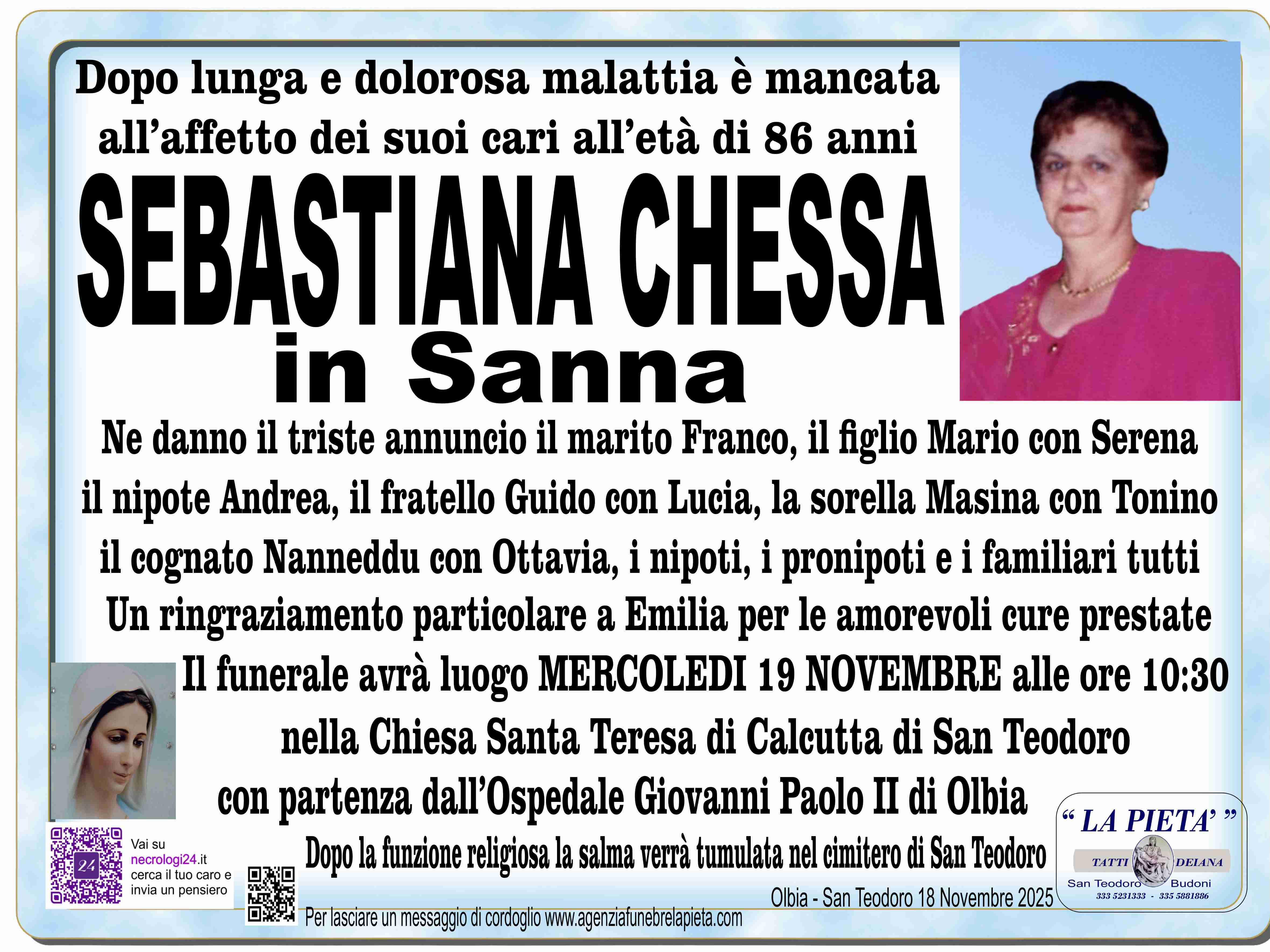Funerali e annunci funebri a Olbia | Sebastiana Chessa - Funer24