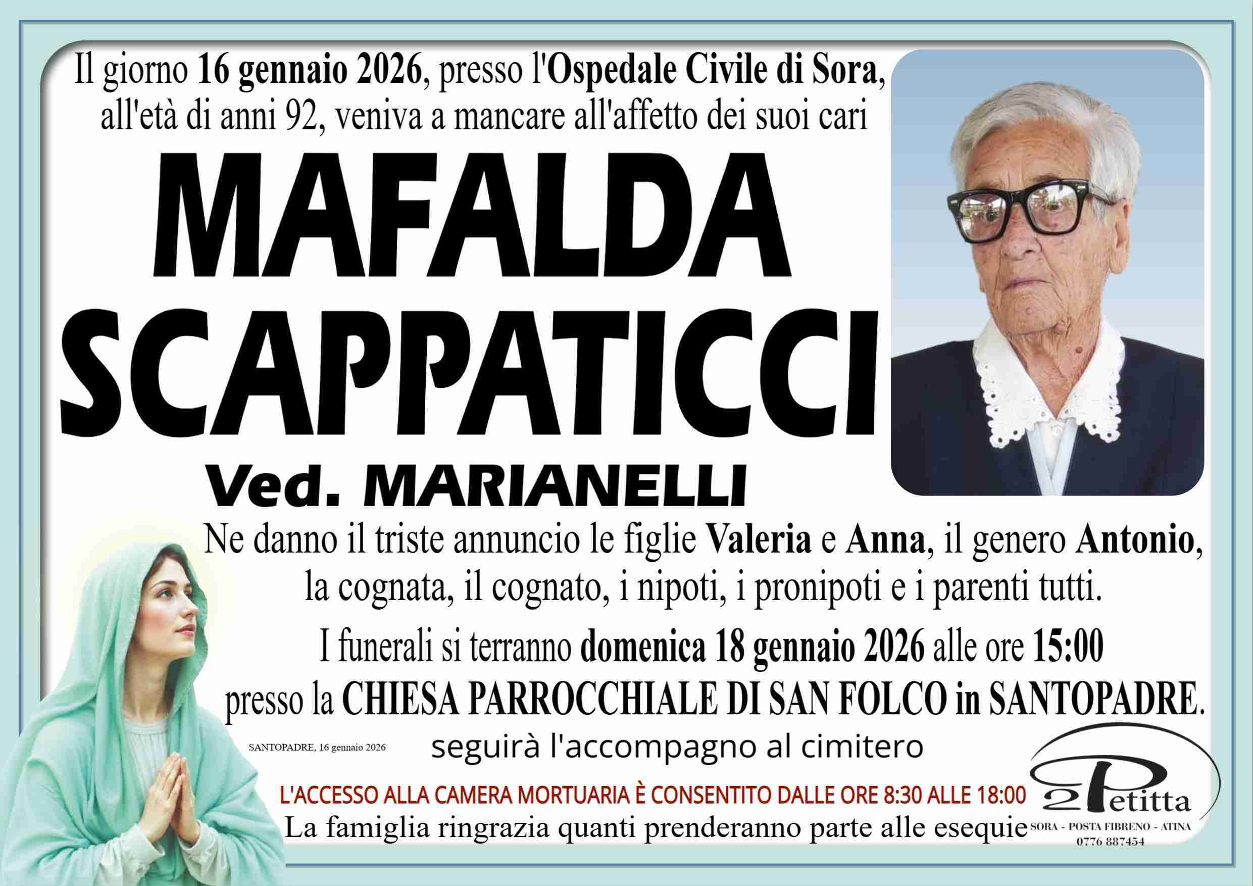 Funerali e annunci funebri a Santopadre | Mafalda Scappaticci - Funer24