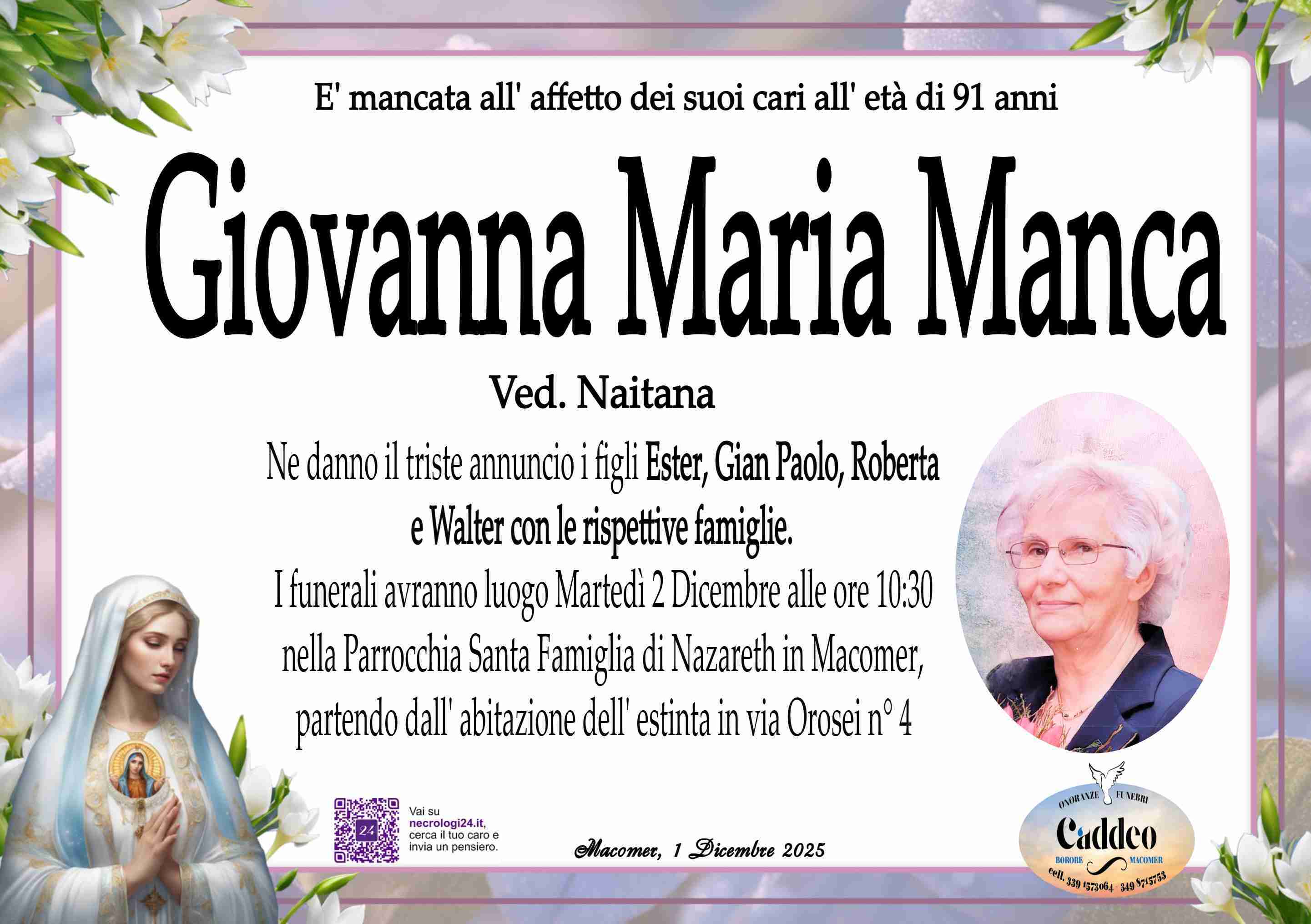Funerali e annunci funebri a Macomer | Giovanna Maria Manca - Funer24