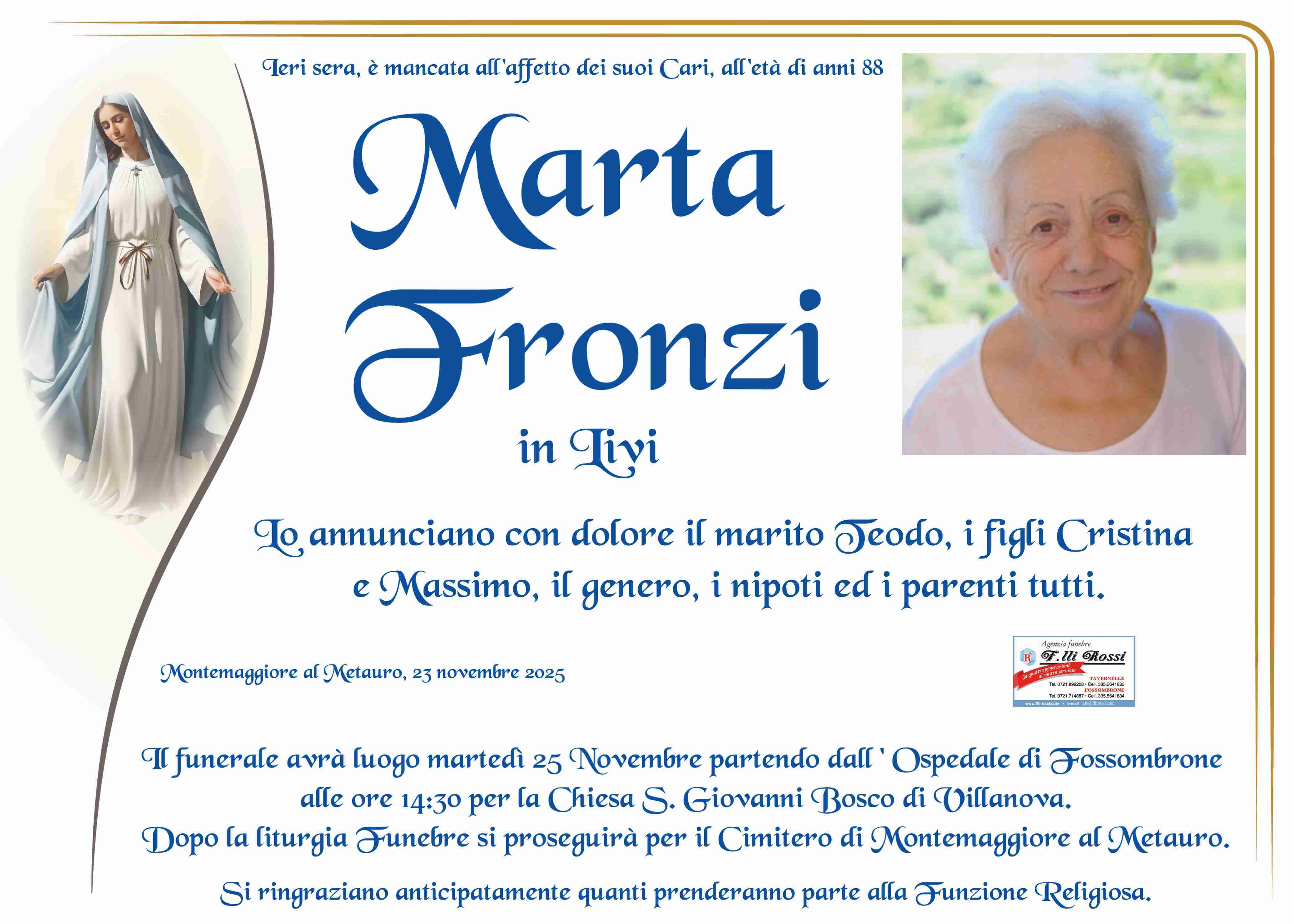Funerali e annunci funebri a Colli al Metauro | Marta Fronzi - Funer24