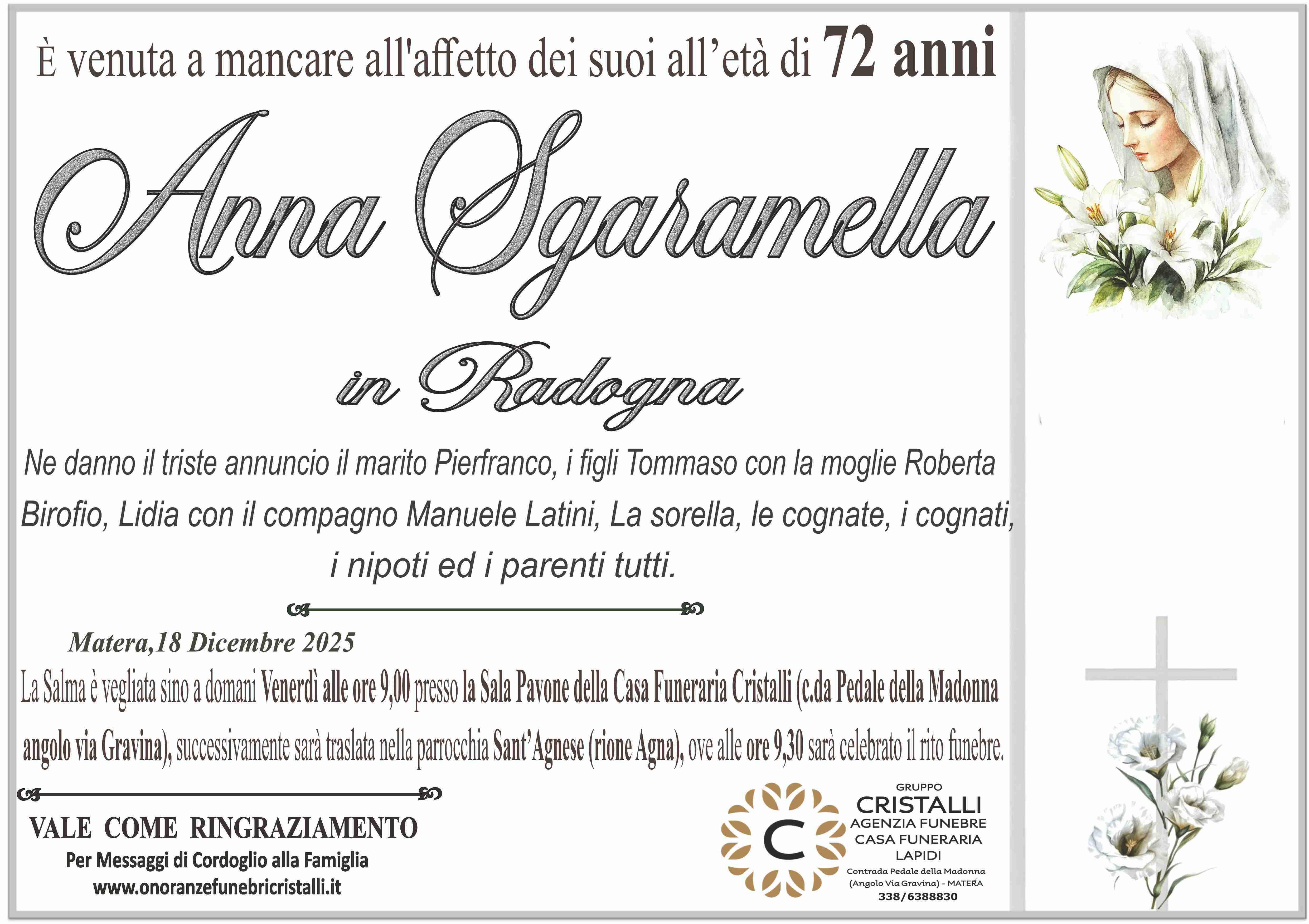 Funerali e annunci funebri a Matera | Anna Sgaramella - Funer24