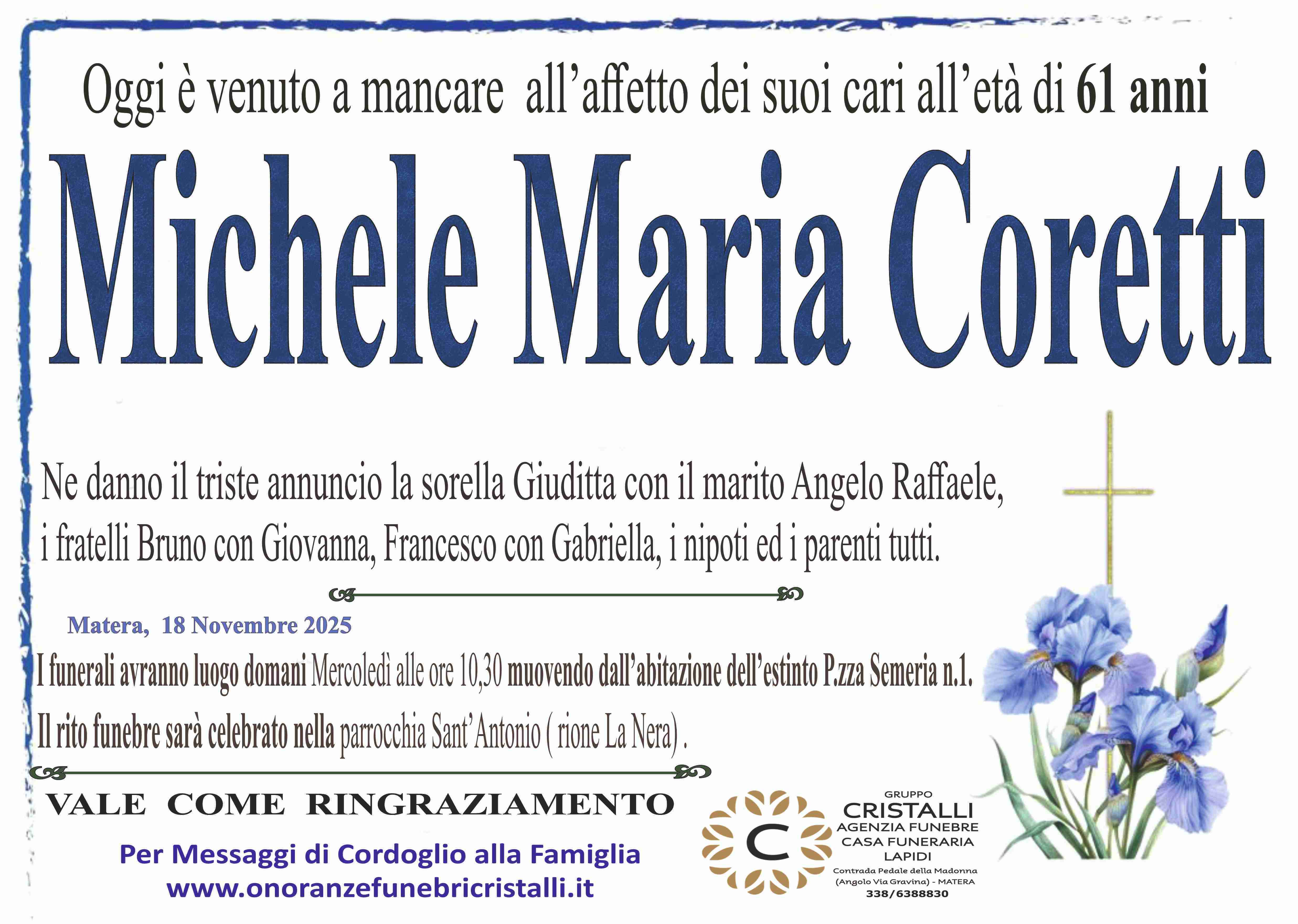Funerali e annunci funebri a Matera | Michele Maria Coretti - Funer24