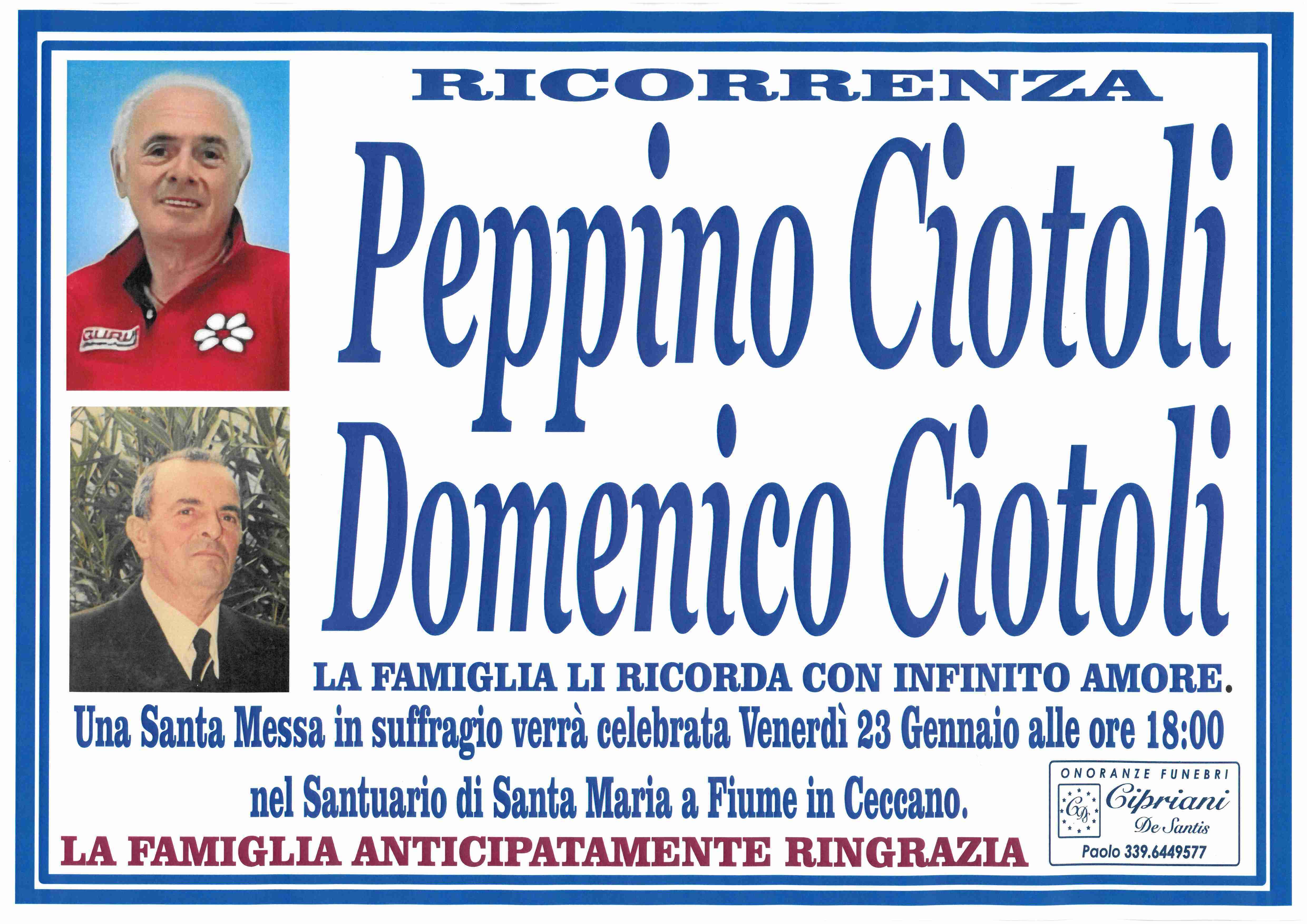 Funerali e annunci funebri a | Peppino Ciotoli Domenico Ciotoli - Funer24