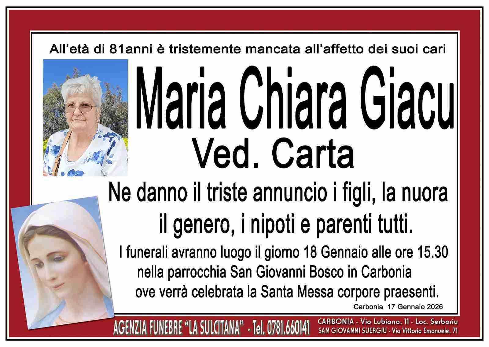 Funerali e annunci funebri a Carbonia | Maria Chiara Giacu - Funer24