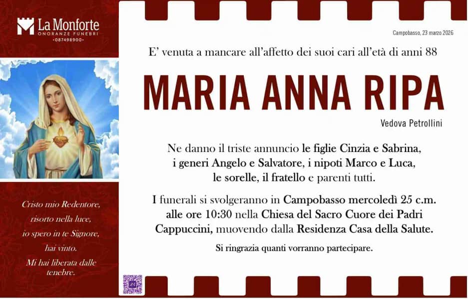 Funerali e annunci funebri a Campobasso | Maria Anna Ripa - Funer24