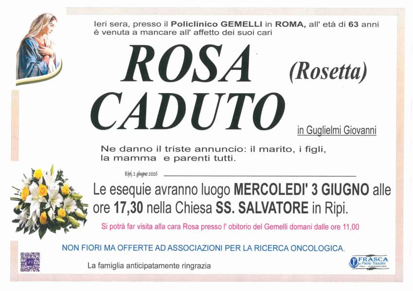 Funerali e annunci funebri a Ripi | Rosa Caduto - Funer24
