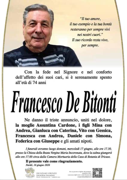 Funerali e annunci funebri a Nardò | Francesco De Bitonti - Funer24