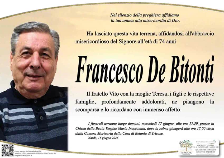 Funerali e annunci funebri a Nardò | Francesco De Bitonti - Funer24