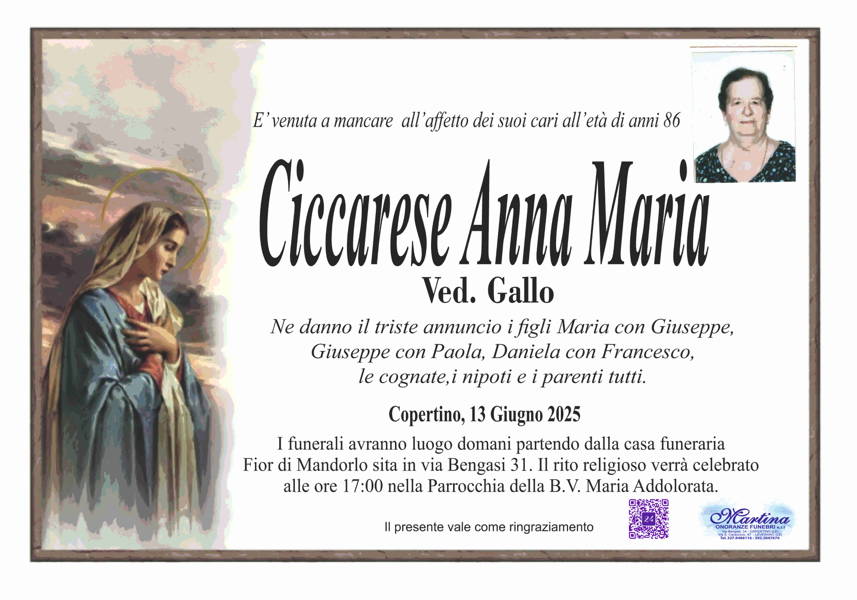 Funerali e annunci funebri a Copertino | Ciccarese Anna Maria - Funer24