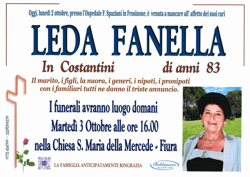 Funerali e annunci funebri a Alatri | Leda Fanella - Funer24