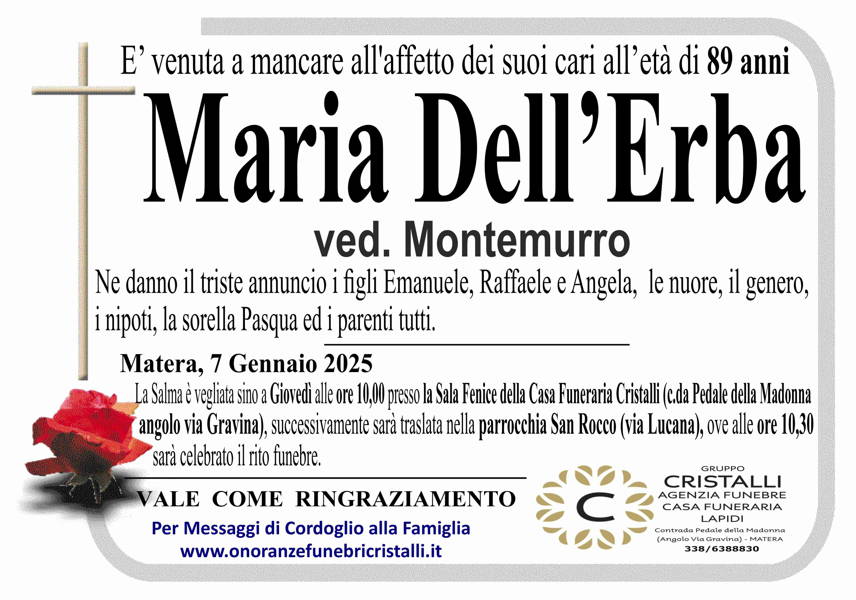 Funerali e annunci funebri a Matera | Maria Dell'Erba - Funer24