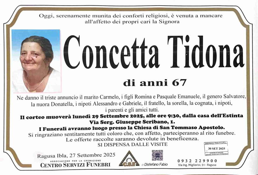 Funerali e annunci funebri a Ragusa | Tidona Concetta - Funer24
