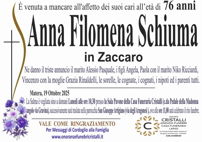 Funerali e annunci funebri a Matera | Anna Filomena Schiuma - Funer24