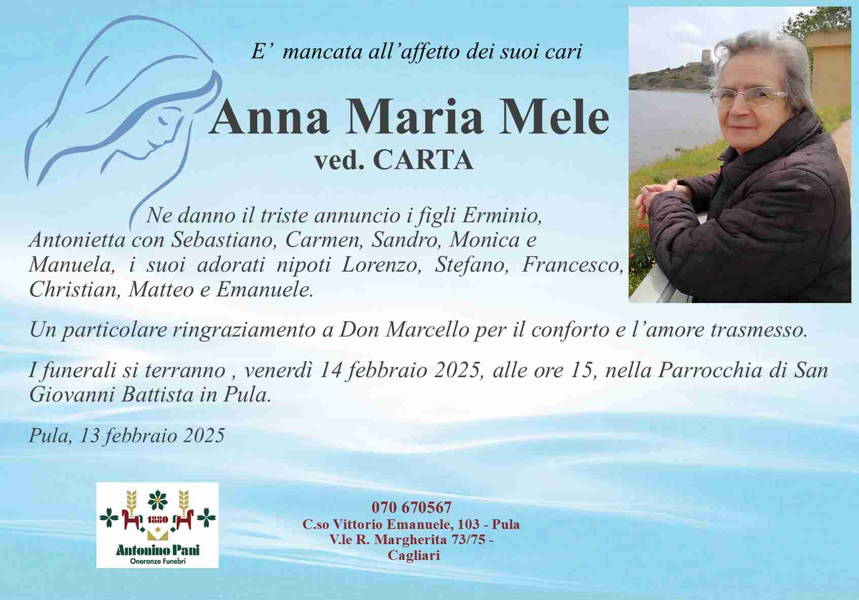 Funerali e annunci funebri a Pula | Anna Maria Mele - Funer24