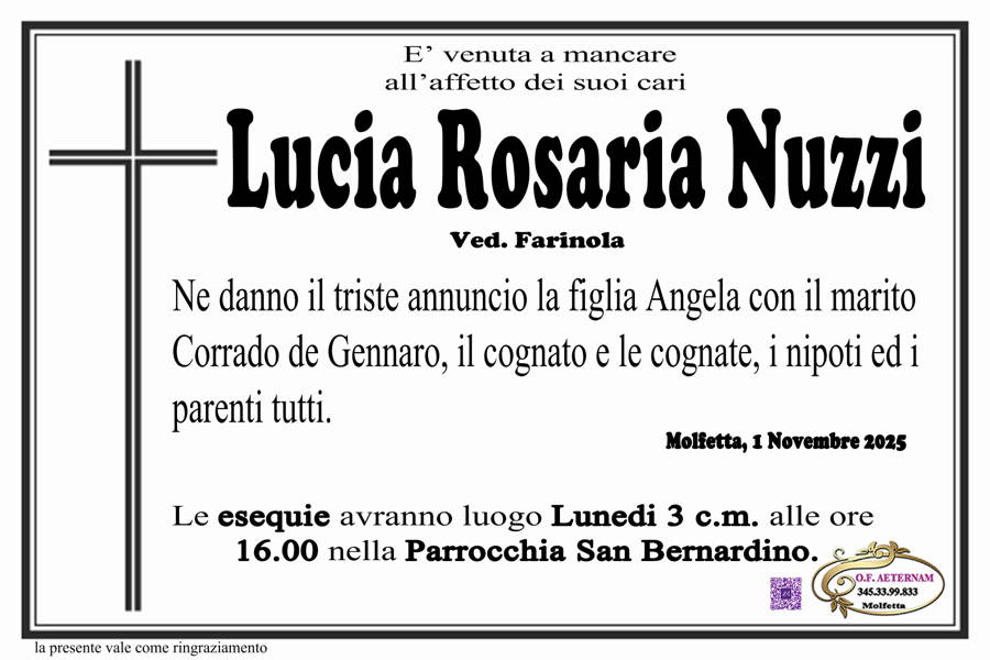 Funerali e annunci funebri a Molfetta | Lucia Rosaria Nuzzi - Funer24