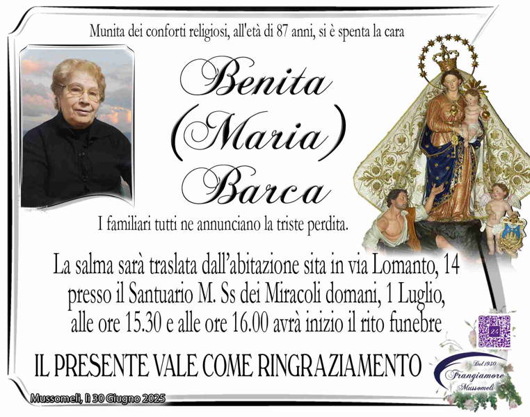 Funerali e annunci funebri a Mussomeli | Benita (Maria) Barca - Funer24