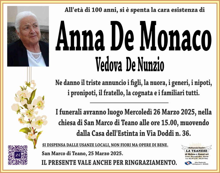 Funerali e annunci funebri a Teano | Anna De Monaco - Funer24