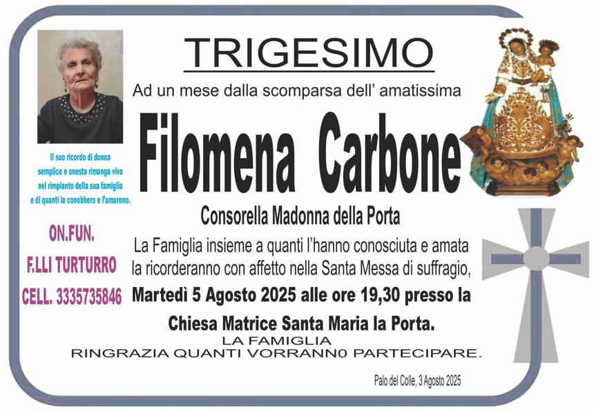 Funerali e annunci funebri a Palo del Colle | Carbone Filomena - Funer24